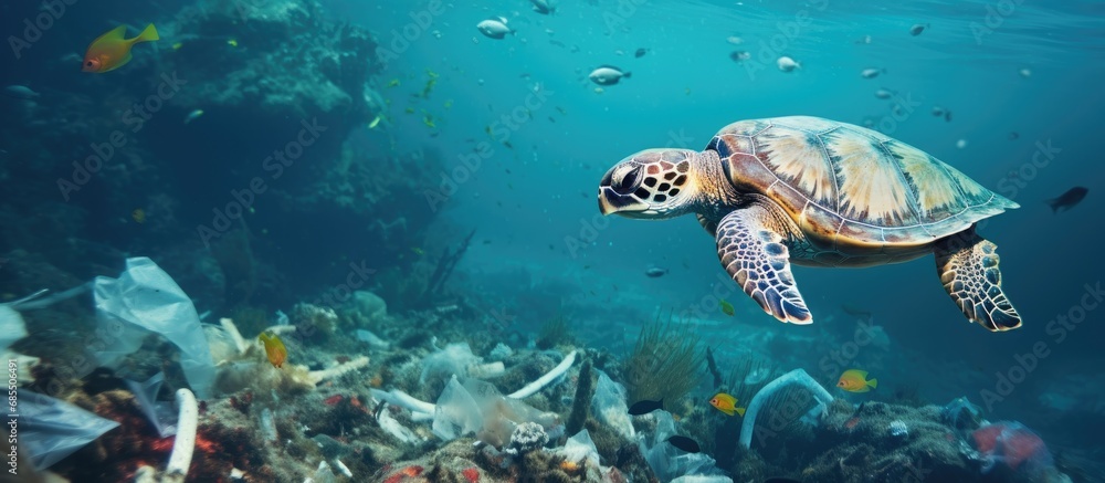 Sea pollution pictured, impacting marine environment; turtle swims ...
