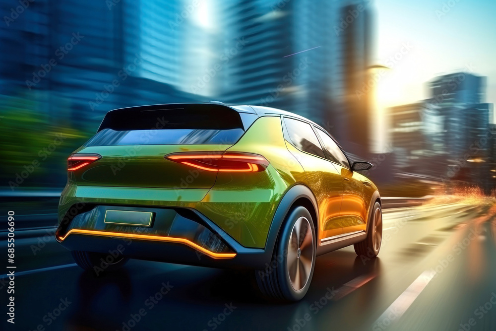 Modern electric car moving along a public highway in a city with glass ...