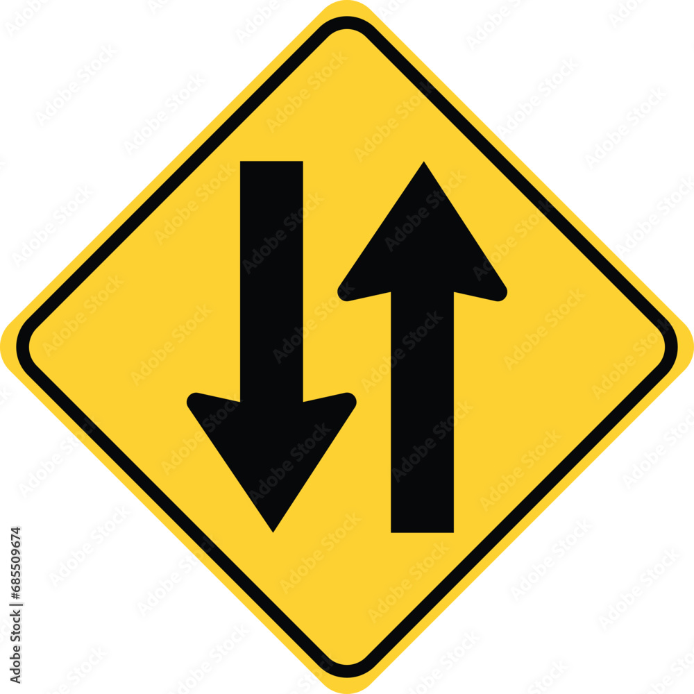 two way traffic, road sign in in yellow shape with black arrow Stock ...
