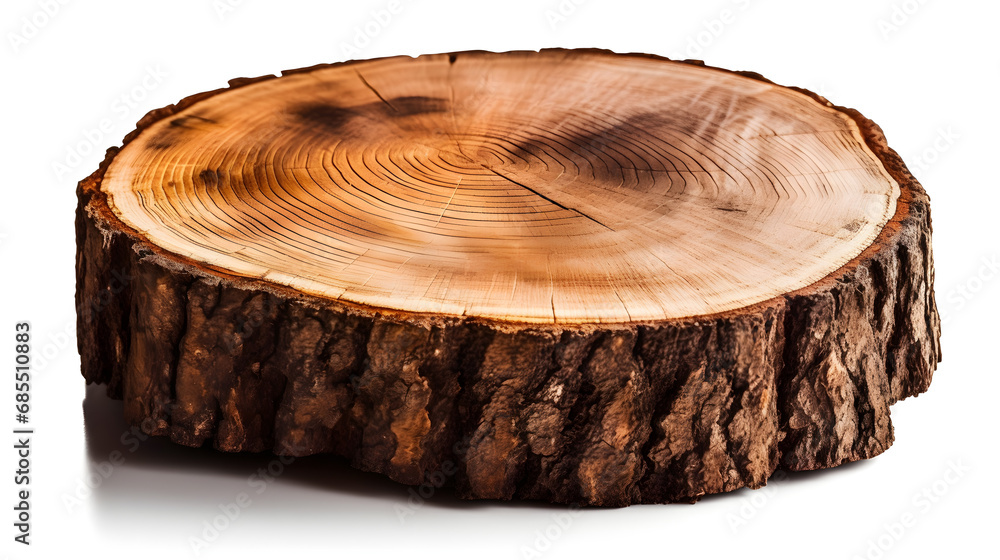 smooth cross section brown tree stump slice with age rings cut fresh ...