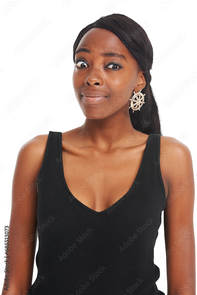 Portrait, confused and black woman with thinking, decision and girl ...