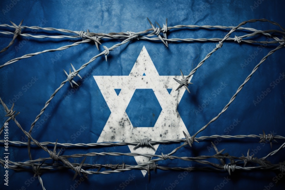 White and blue Star of David surrounded by barbed wire, symbolizing the ...