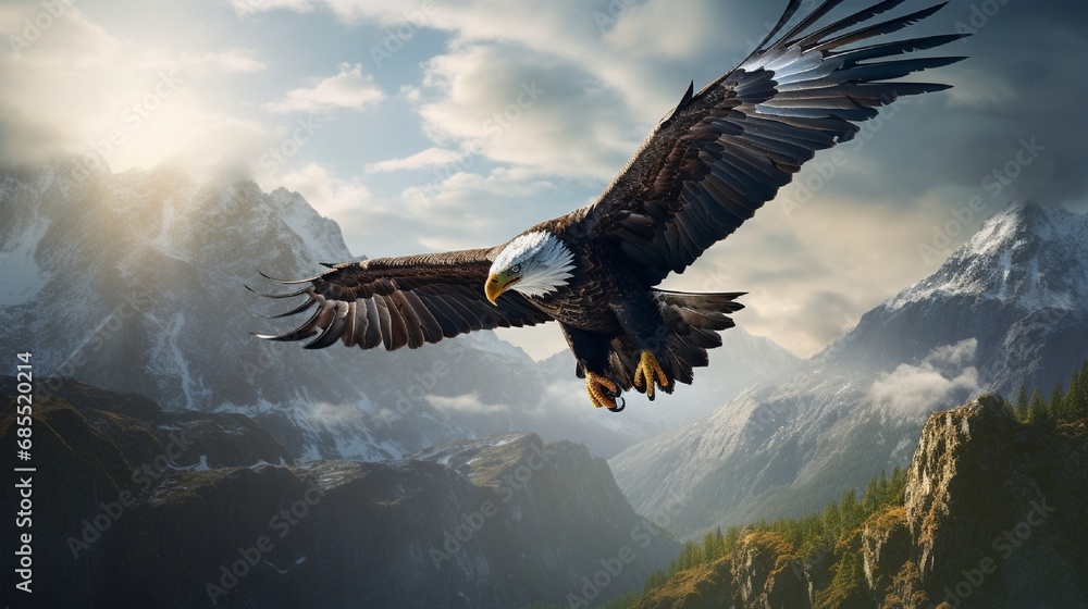 Majestic bald eagle soaring high above a rugged mountain range, its ...