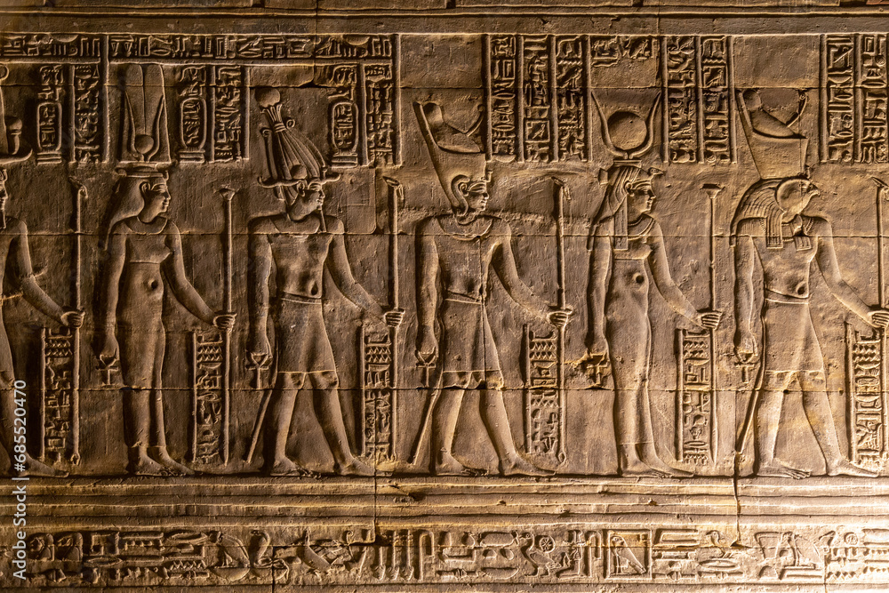 Poster Ancient egyptian hieroglyphs carved on golden wall of Edfu ...