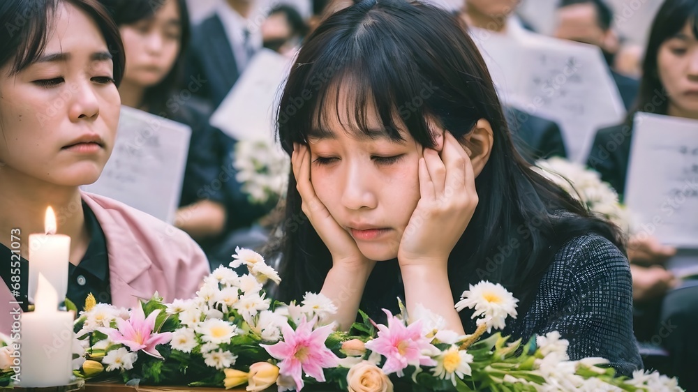 Sad Asian Woman In Funeral Ceremony Background Stock Photo | Adobe Stock