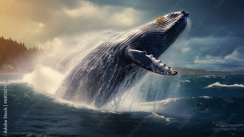 Massive humpback whale breaching the surface of the ocean, water ...