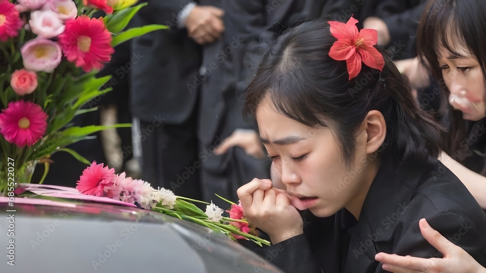 Sad Asian Woman In Funeral Ceremony Background Stock Photo | Adobe Stock