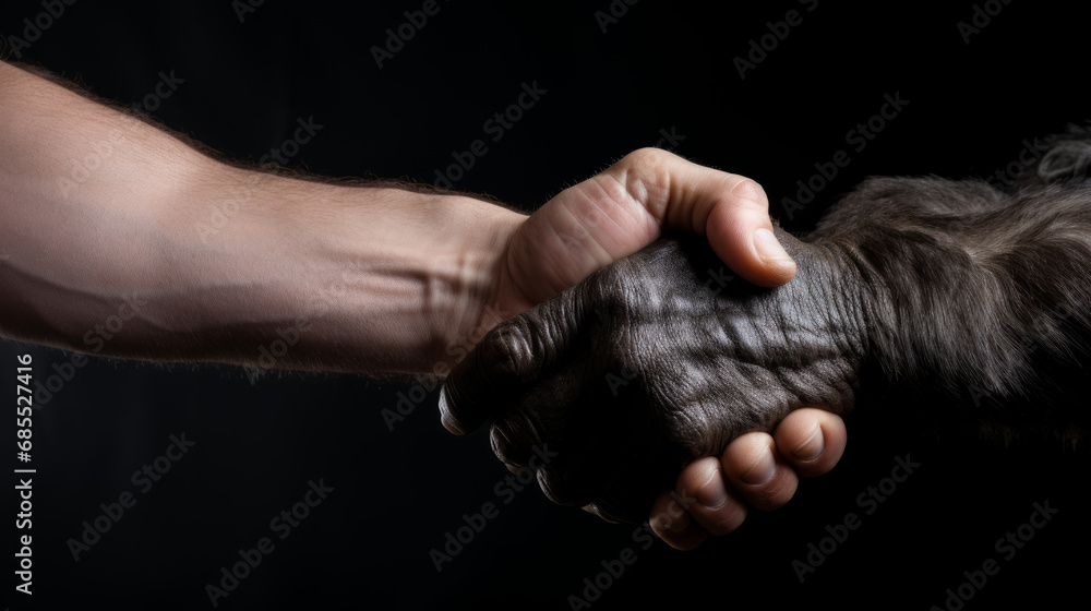 Handshake of human hand and gorilla. Animal and human handshake. Human ...