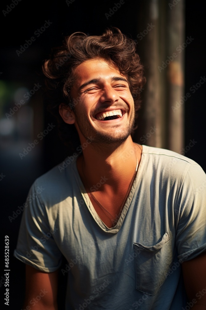 The handsome individual in a candid moment, their laughter echoing ...