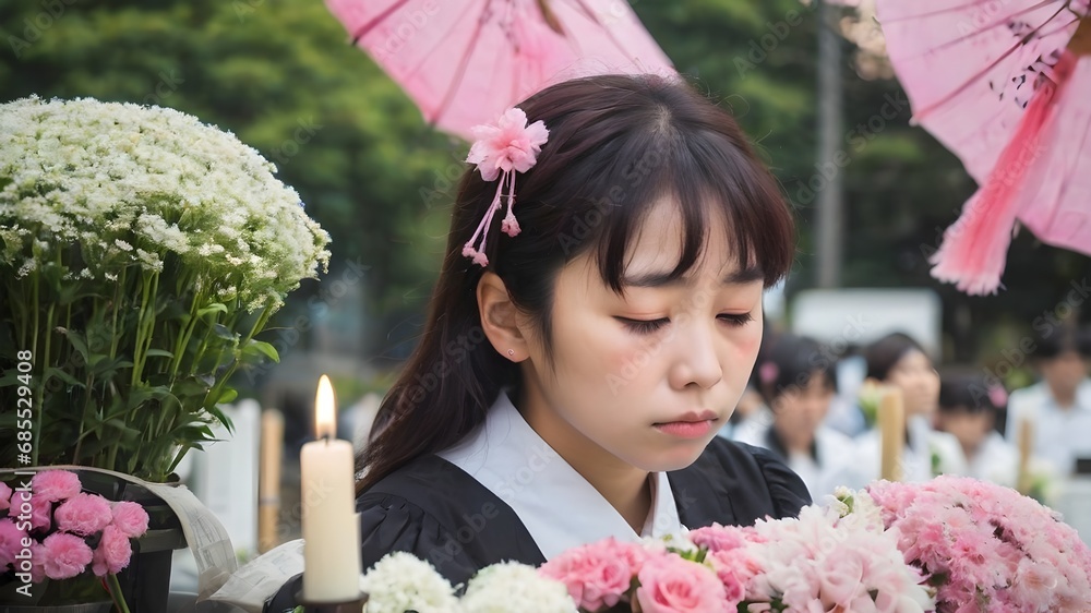Sad Asian Woman In Funeral Ceremony Background Stock Photo | Adobe Stock