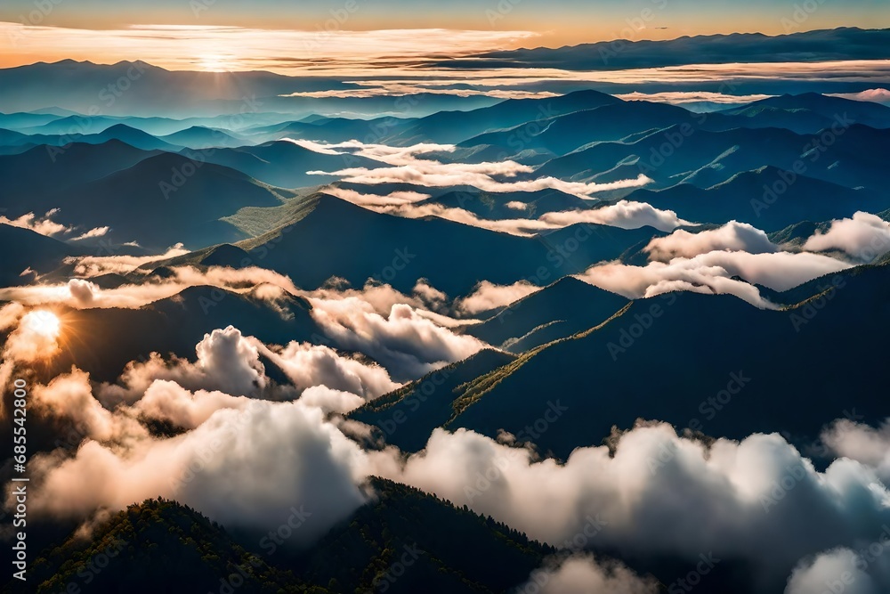 Aerial sunset view over the Blue Ridge Mountains from the cockpit of a ...