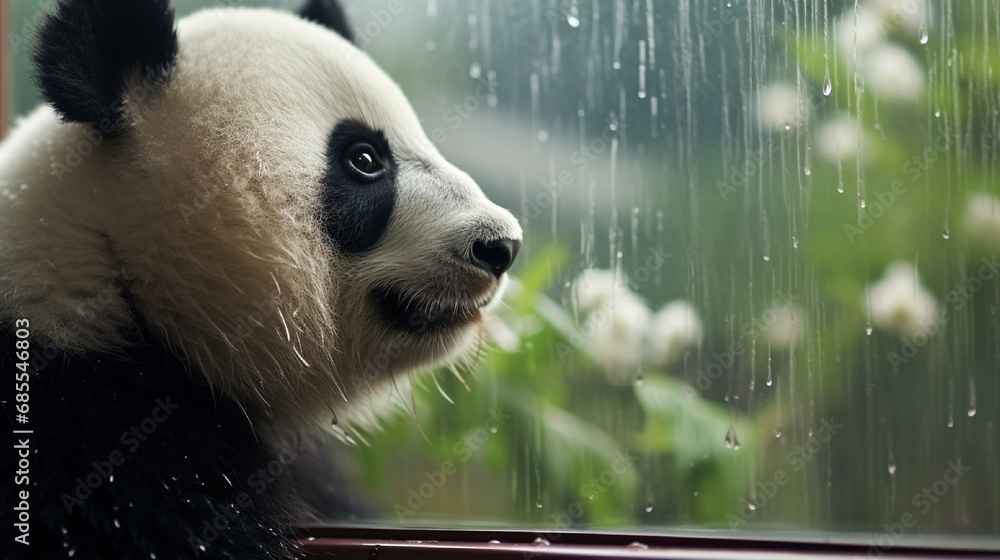 giant panda sitting in glassy window with drop of water in sad mood ...