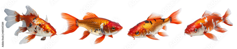 realistic set portrait of koi carp ornamental fish, with transparent ...