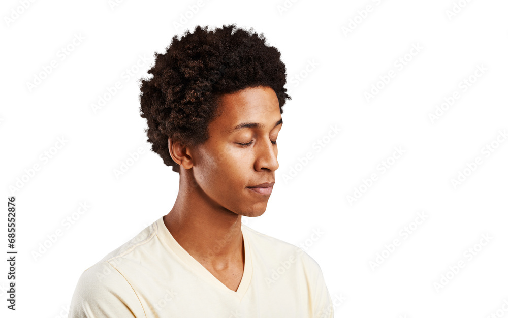 Thinking, black man and closed eyes with peace, zen and wellness ...
