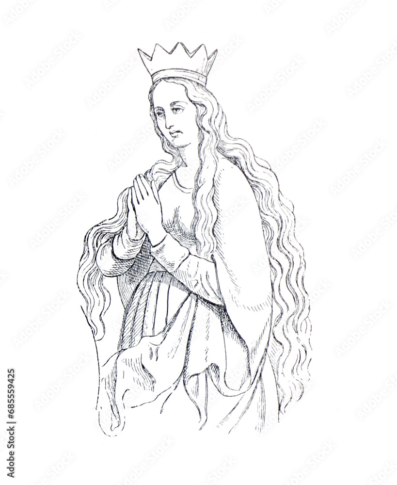 Hand drawn vintage Statue of Maria virgin. Maria magdalena illustration ...