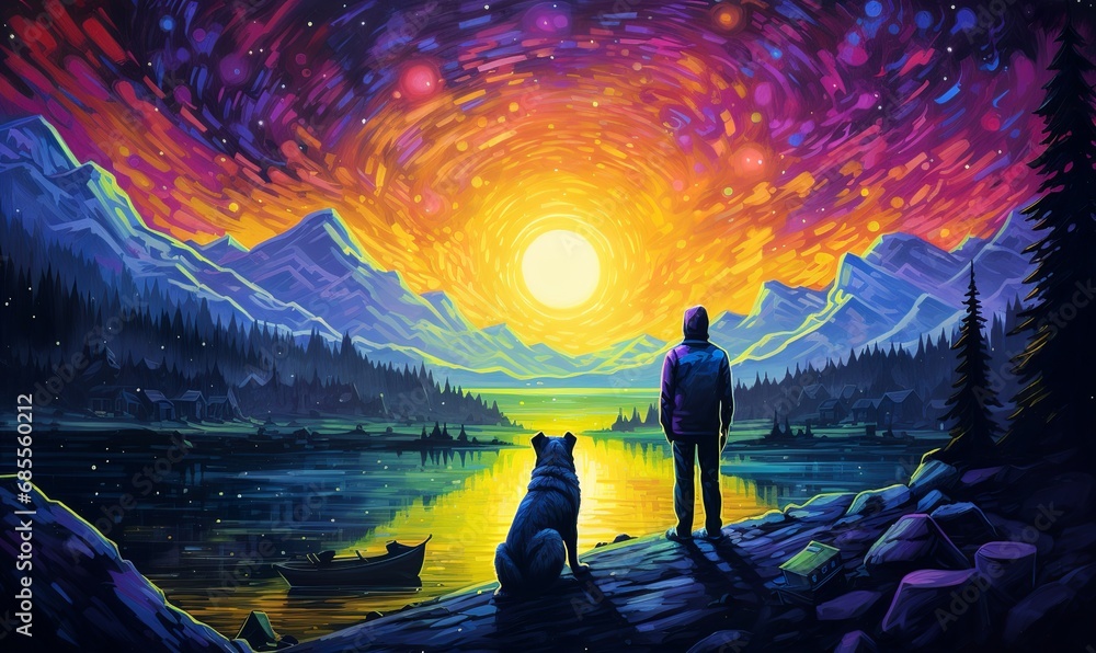 into the night its a iright man and dog wholesome Stock Illustration ...