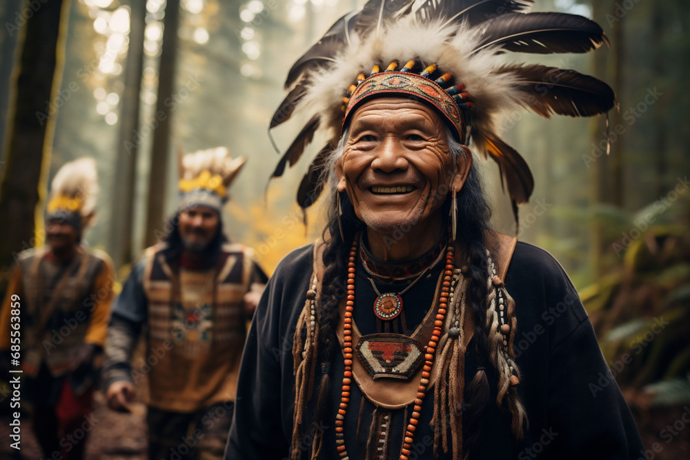 An old man from an Indian tribe without face paint. Headdress with ...