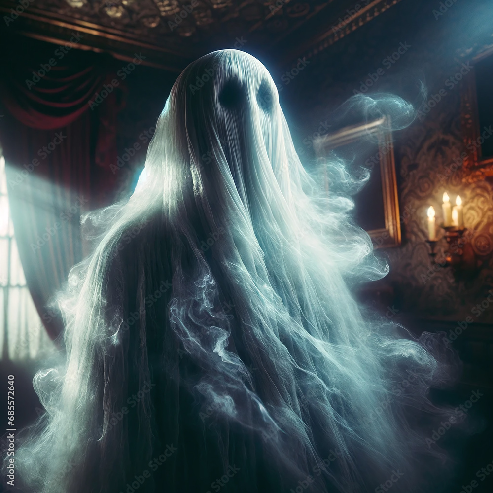 Ghostly Entity in Dark Room with Window and Curtain - Gothic Art Stock ...