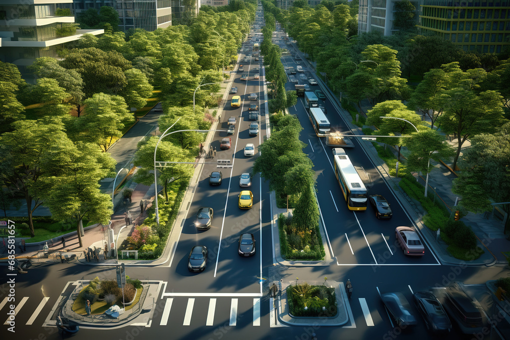 Top view from above on a city street speed highway with cars and buses ...