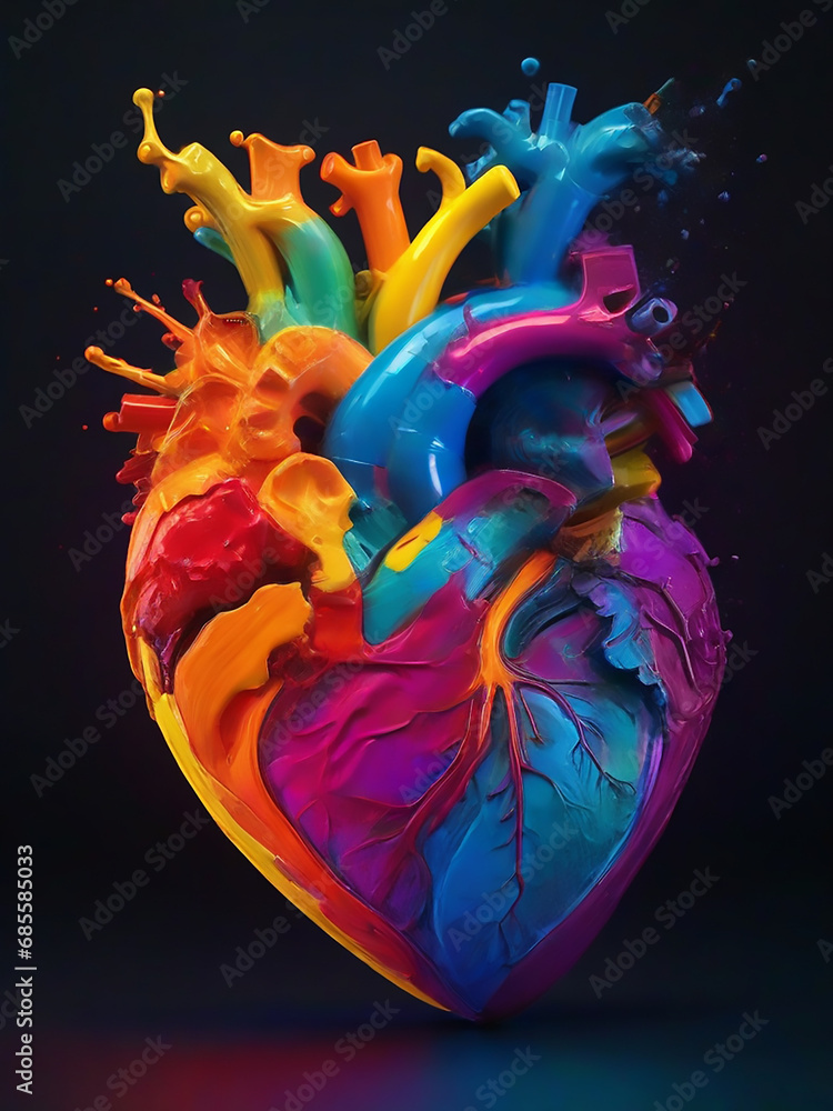 Color splash human heart isolated in black background Ai art Stock ...