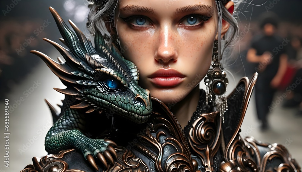 A portrait of a female model in armor with a dragon on her shoulder, A ...