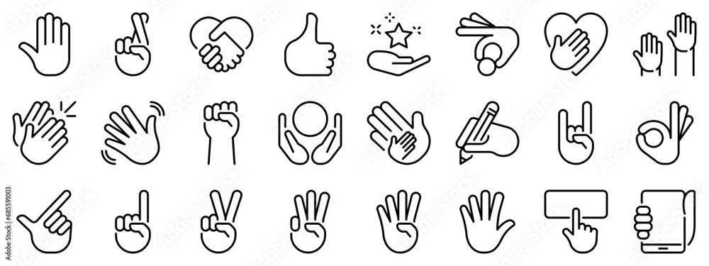 Icon set about hand gestures. Line icons on transparent background with ...