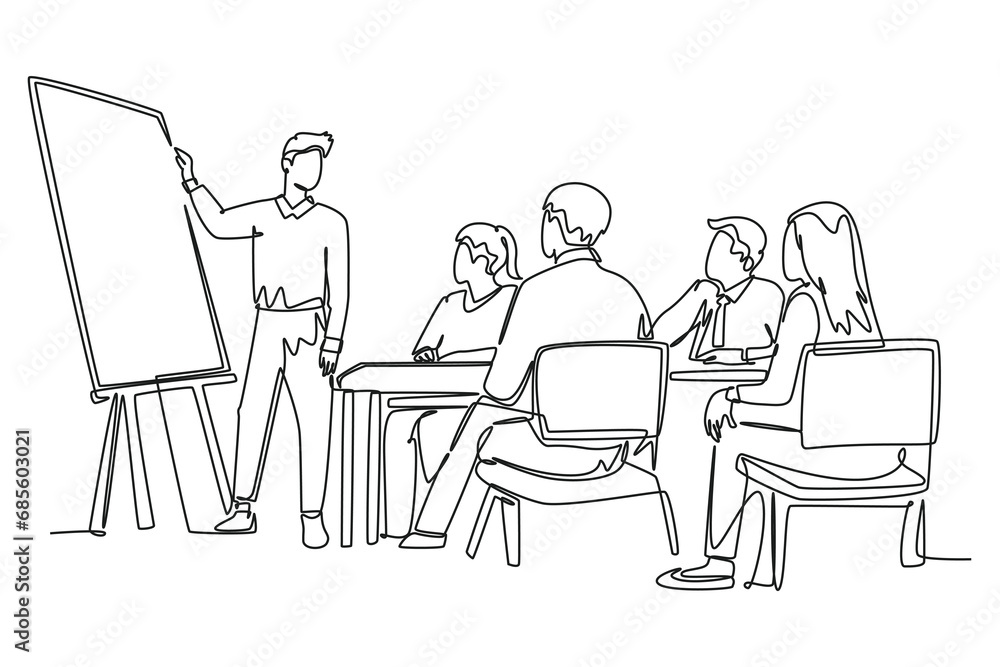 Single continuous line drawing happy trainer teaching life skill and ...