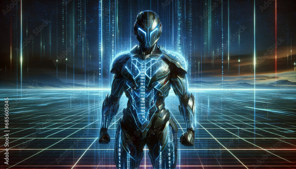 A cyber warrior, depicted in armor made entirely of glowing binary code ...