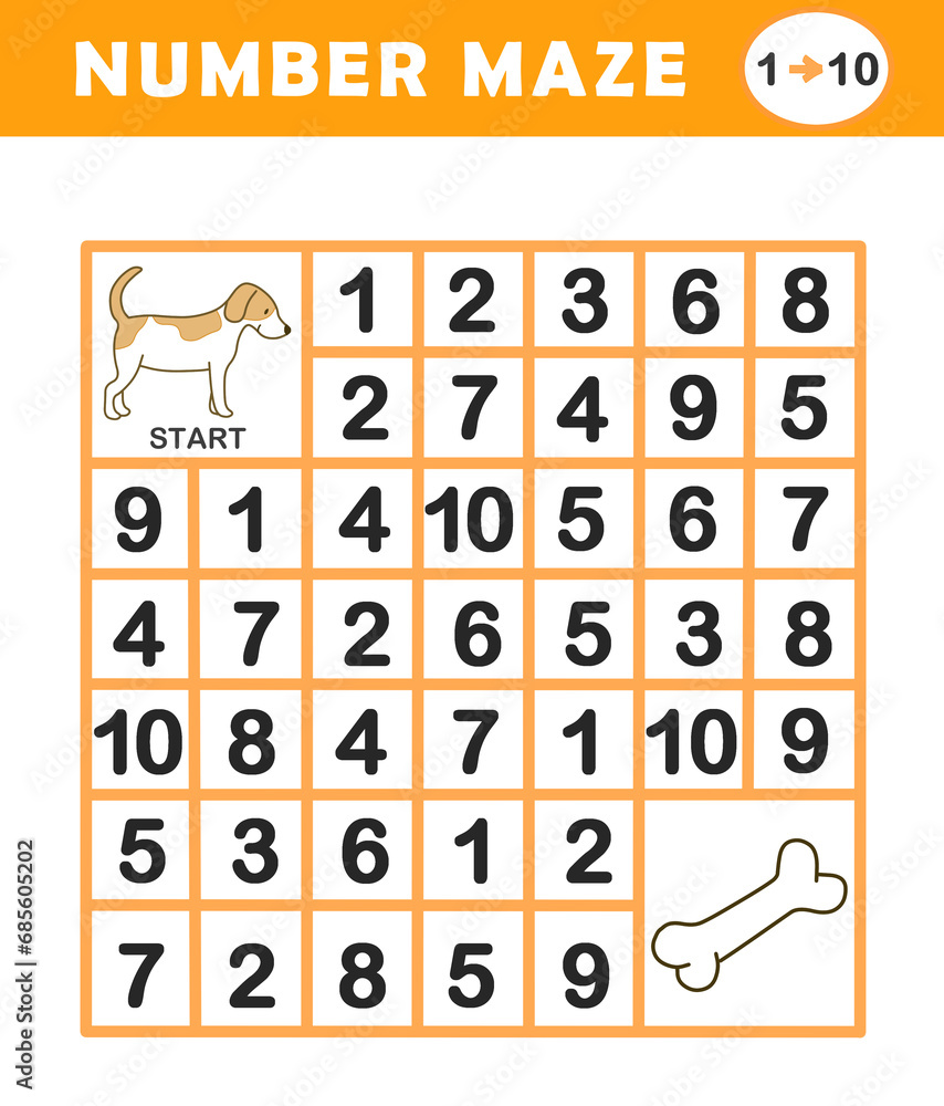 Number maze game for children with cute dog illustration. Help the ...