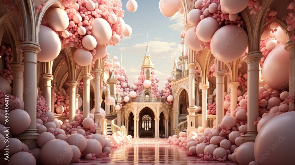 Wonderful fantasy pink castle for fairytale princess. Elegant towers ...
