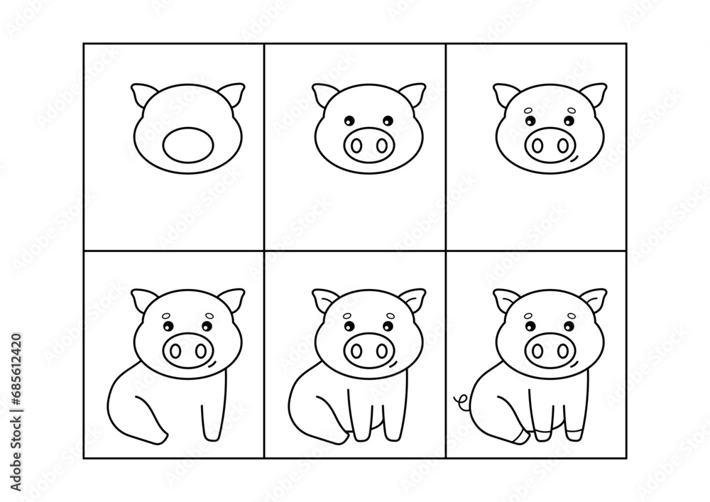 Pig. Step by step drawing. Coloring page, coloring book page. Black and ...