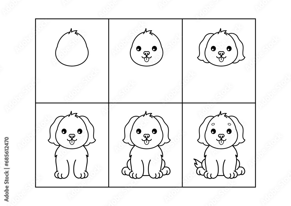 Dog. Step by step drawing. Coloring page, coloring book page. Black and ...