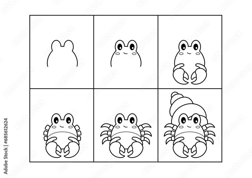 Step by step drawing. Hermit Crab. Coloring page, coloring book page ...