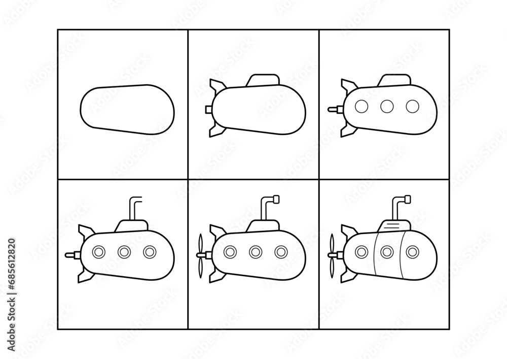 Submarine. Step by step drawing. Coloring page, coloring book page ...