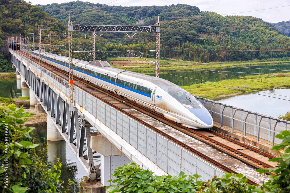 Shinkansen 500 high-speed train operated by Japan Rail JR West on Sanyo Shinkansen line in ...