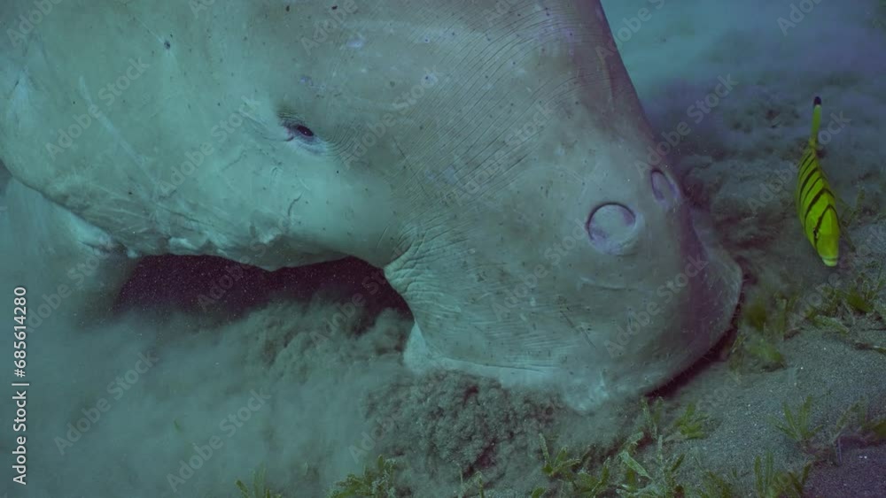 Close-up of head Sea Cow or Dugong (Dugong dugon) eating Smooth ribbon ...