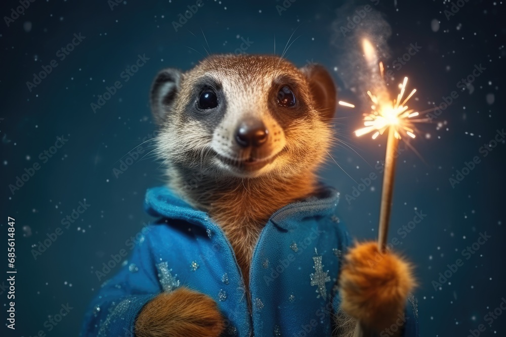 Meerkat Celebrating with Sparklers on blue Background Stock Photo ...