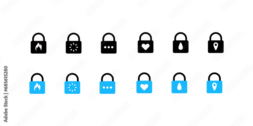 Key locks with symbols. Different styles, fire, loading, three dots ...