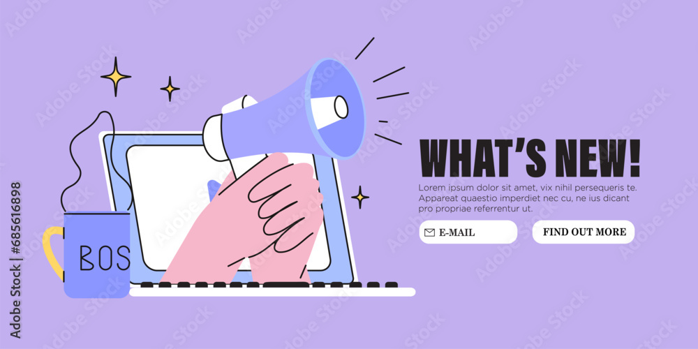 Hand with loud speaker share latest or hot news online on laptop screen ...