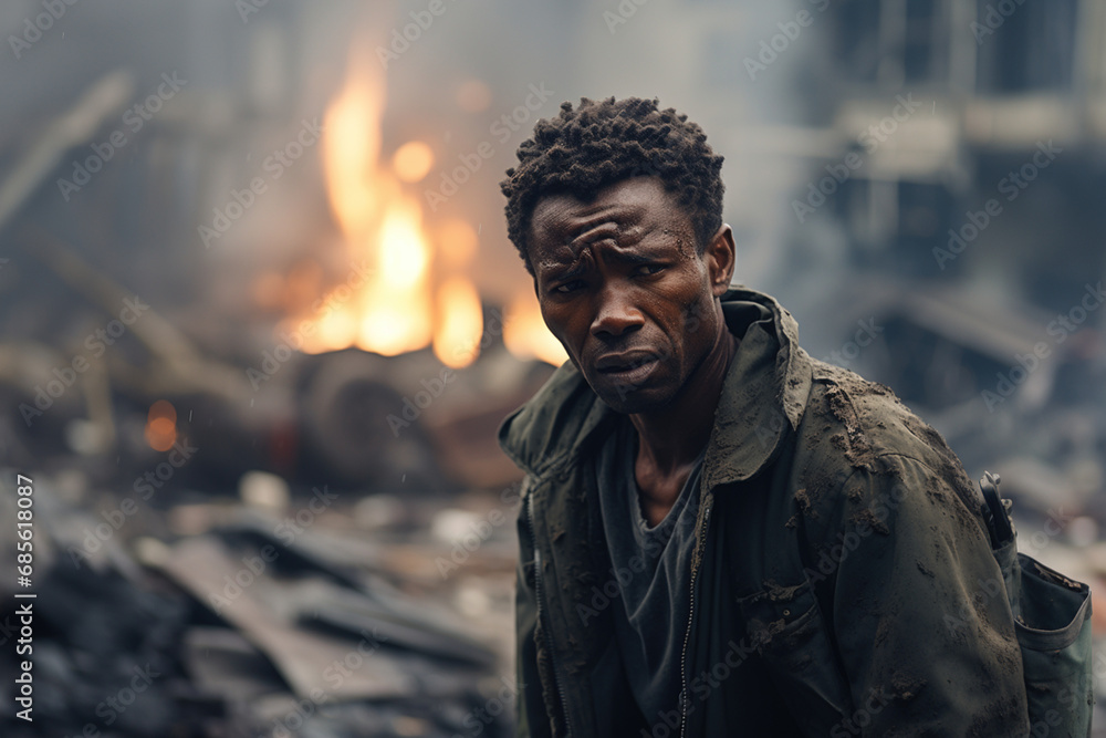 Desperate man crying crying looking at ruins of bombed destroyed house ...
