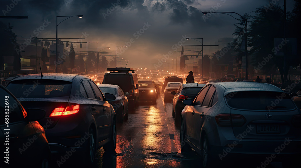 traffic jam in night scene, Car rush hours city street on the rainy ...