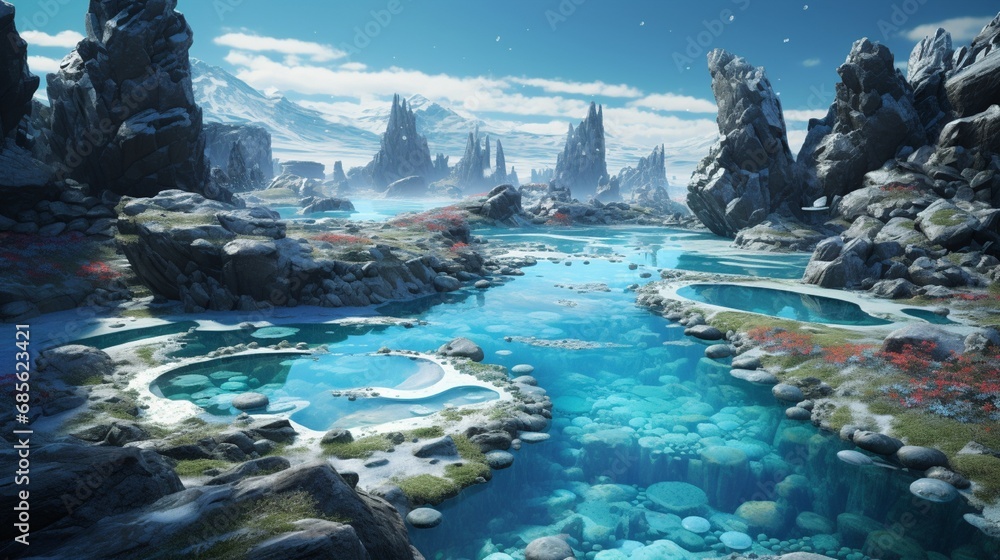 The unique ecosystem of a polar tide pool, with ice formations and ...