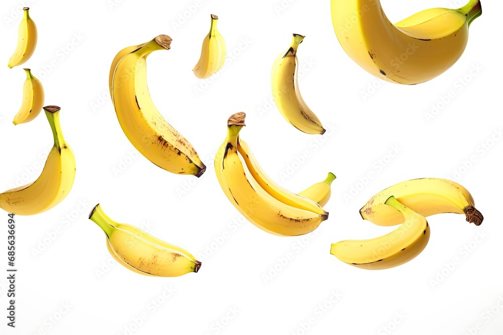 Bananas taking flight and floating isolated on a crisp white background ...
