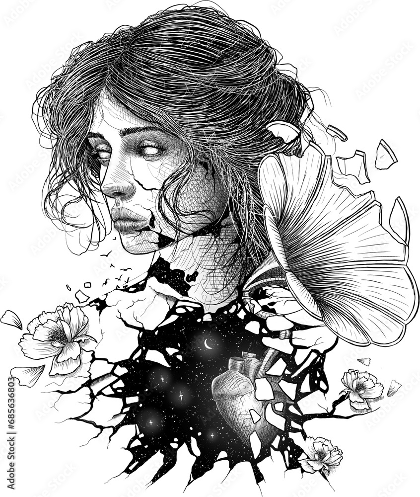 Scratchy themed hand drawn digital illustration. Woman illustration ...