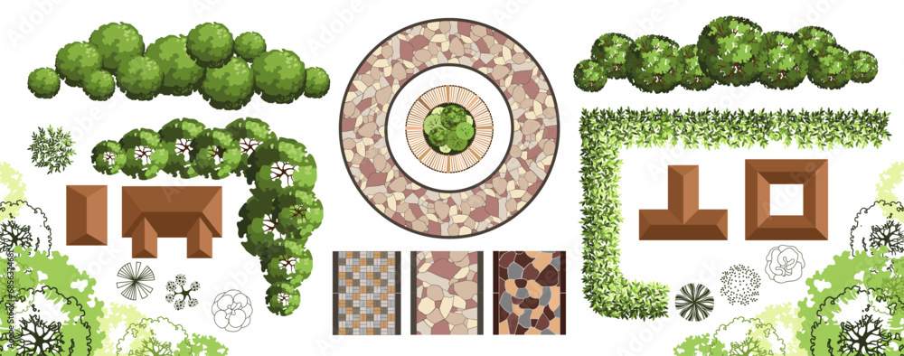 Top view elements for the landscape design plan. Trees, tiles, and ...