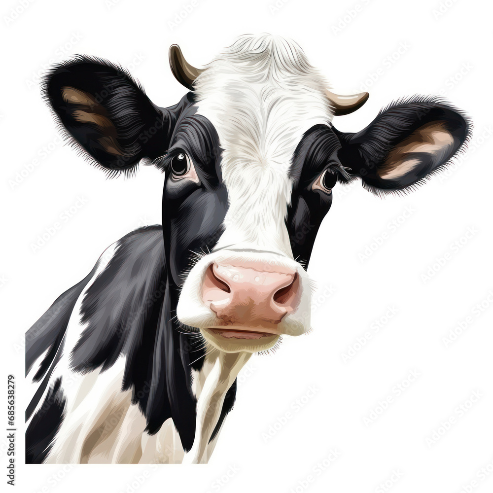Funny cartoon cute cow isolated on blue. Talking black and white cow ...