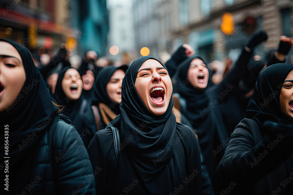 Islamic women with hijab protesting for their rights at a demonstration ...