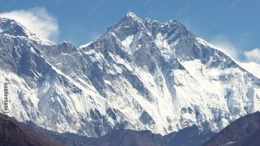 Snow covered Mount Everest rises above barren landscape of Himalayan ...