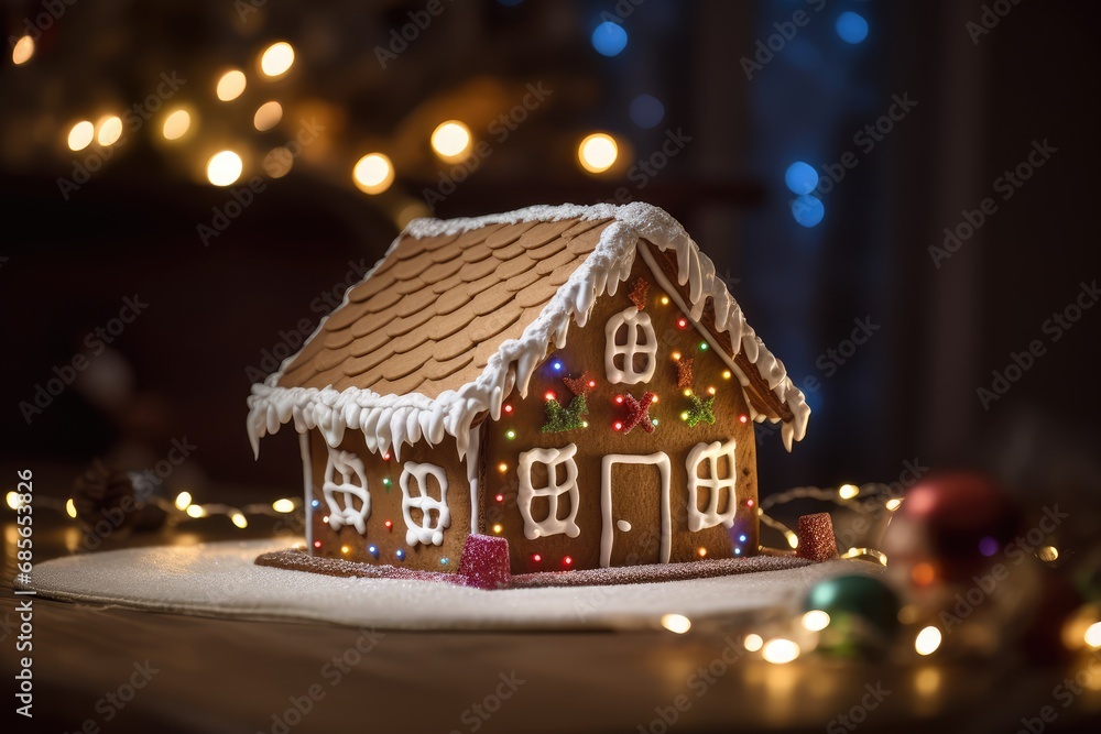 Gingerbread house Christmas Hut on wood table with xmas winter fairy ...
