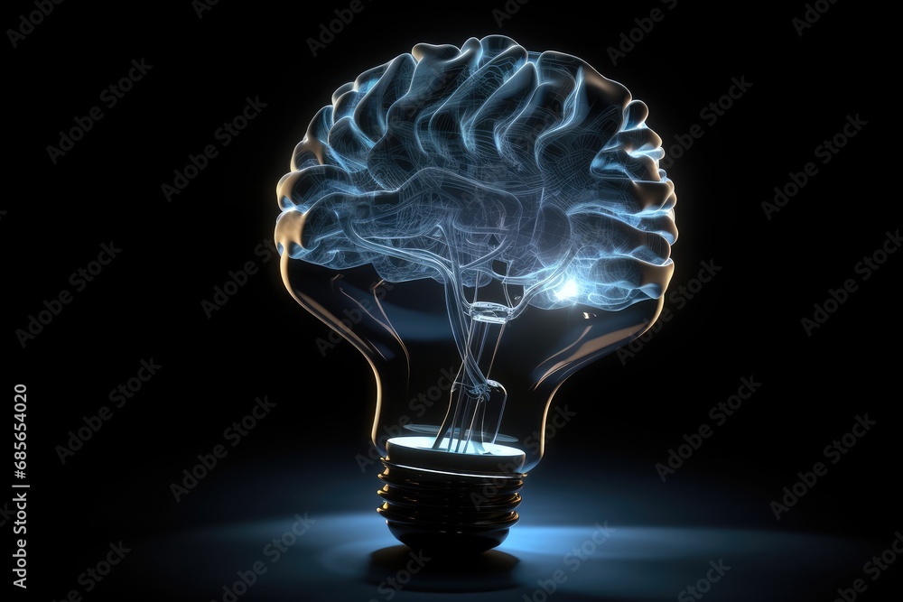 Human brain light bulb with fire, long-term memory, storage of ...